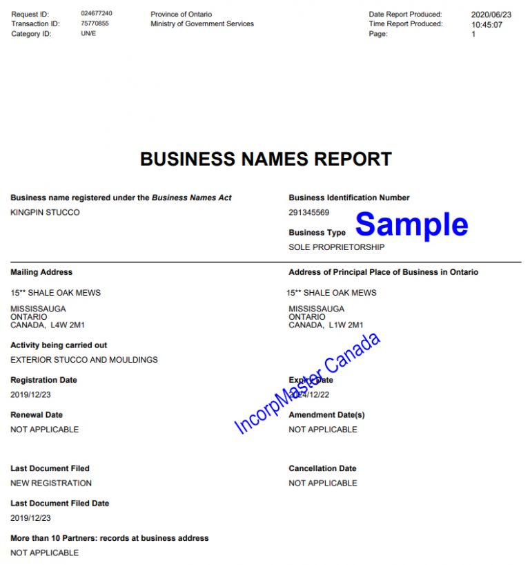 Business Name Report Regular - IncorpMaster