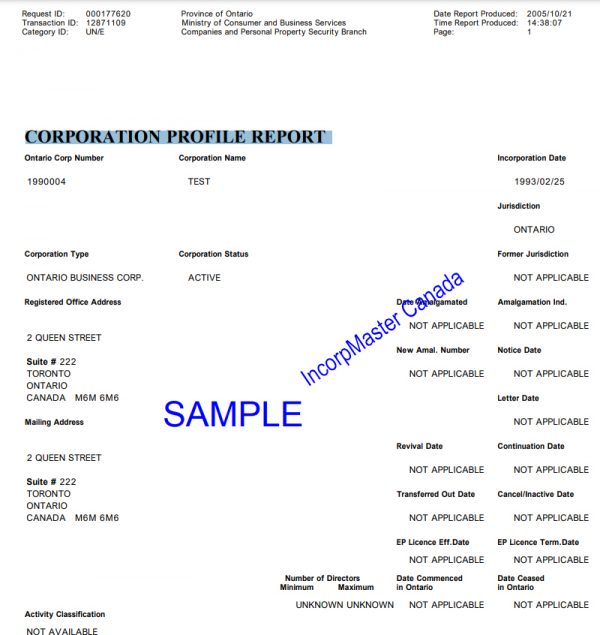 Corporation Profile Report Regular Ontario - IncorpMaster