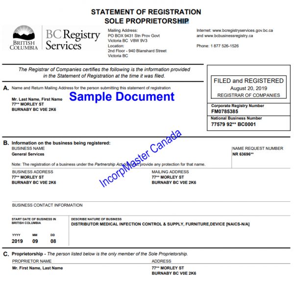 Statement of registration (Sole Proprietorship) BC - IncorpMaster