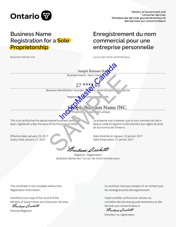 Ontario Business Name Registration (Master Business Licence) - IncorpMaster