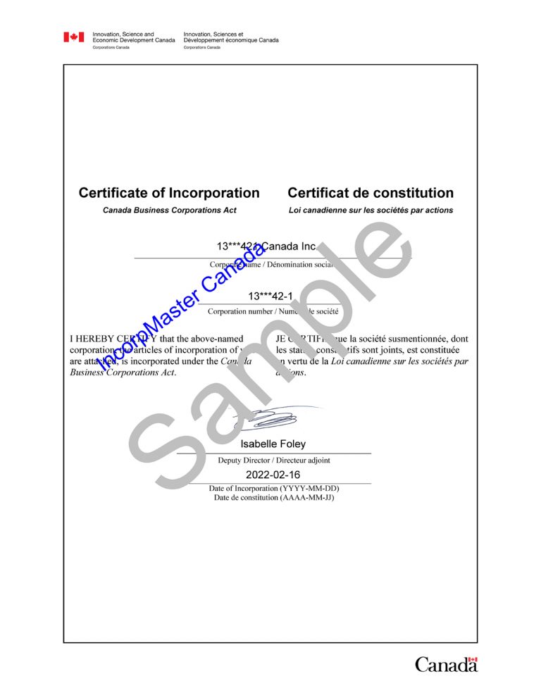 Sample of certificate of Incorporation Federal - IncorpMaster