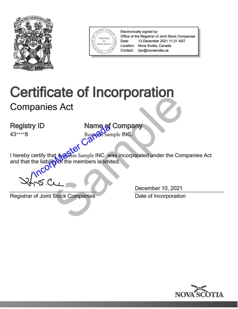 Sample of Certificate of Incorporation NS - IncorpMaster