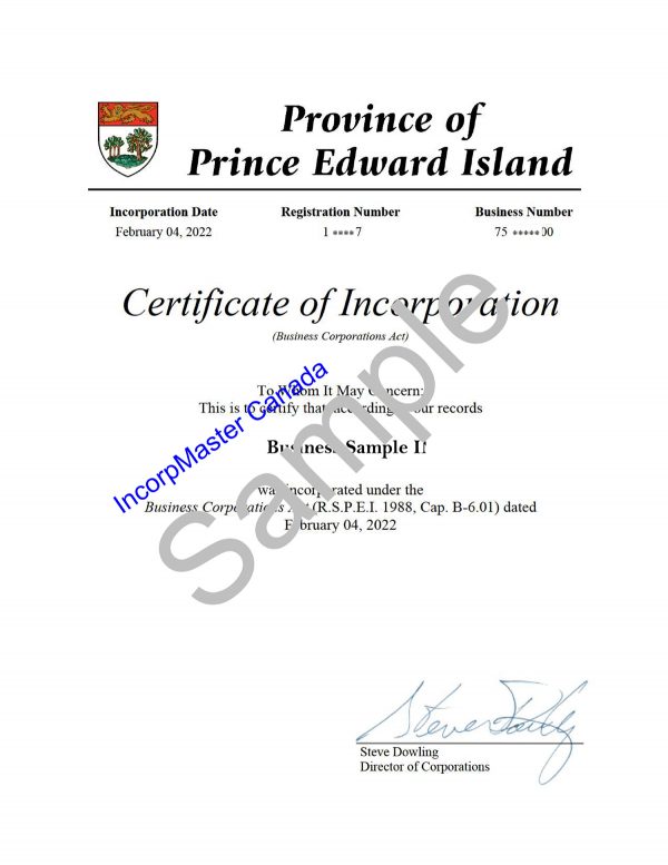 Sample of Certificate of Incorporation PEI - IncorpMaster