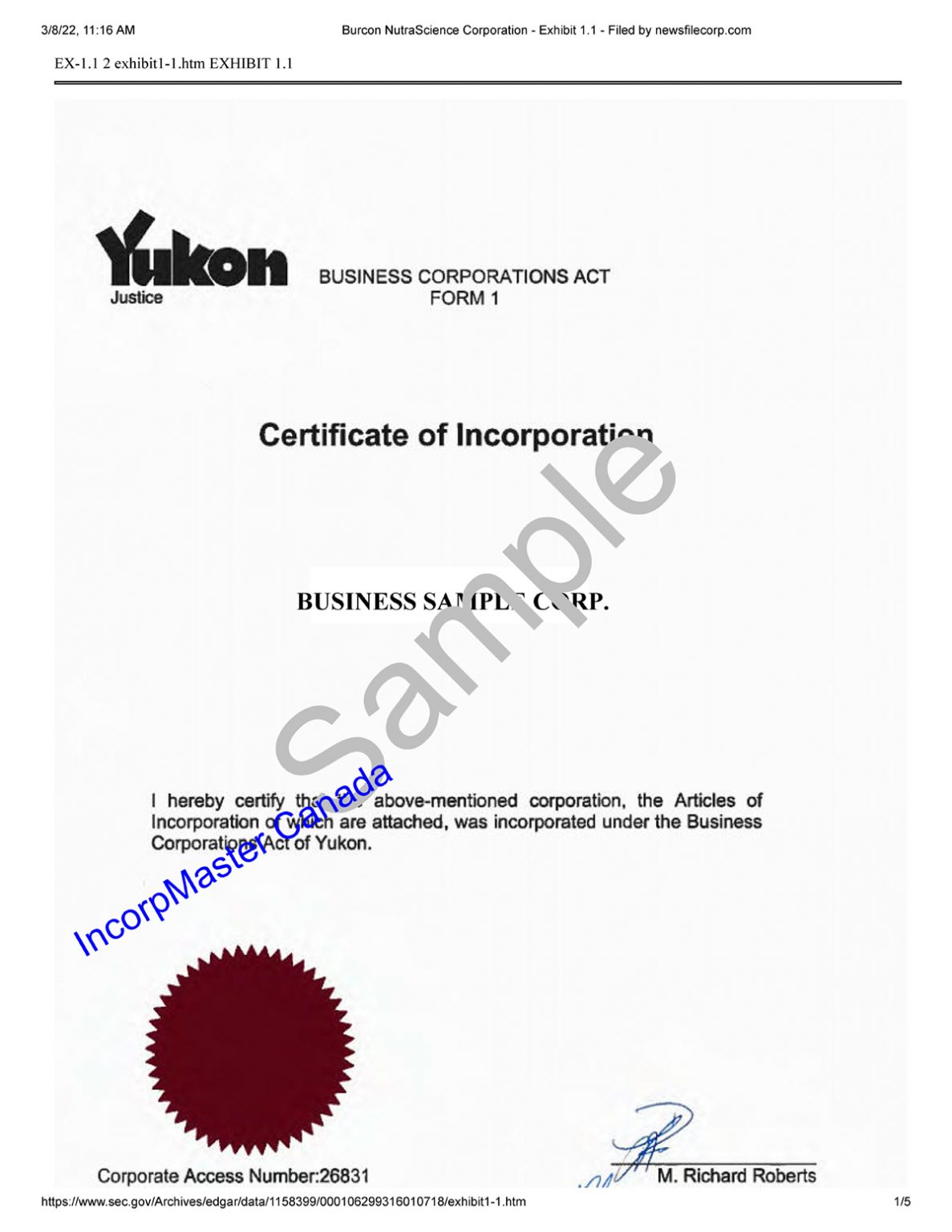 Sample of Certificate of Incorporation Yukon - IncorpMaster