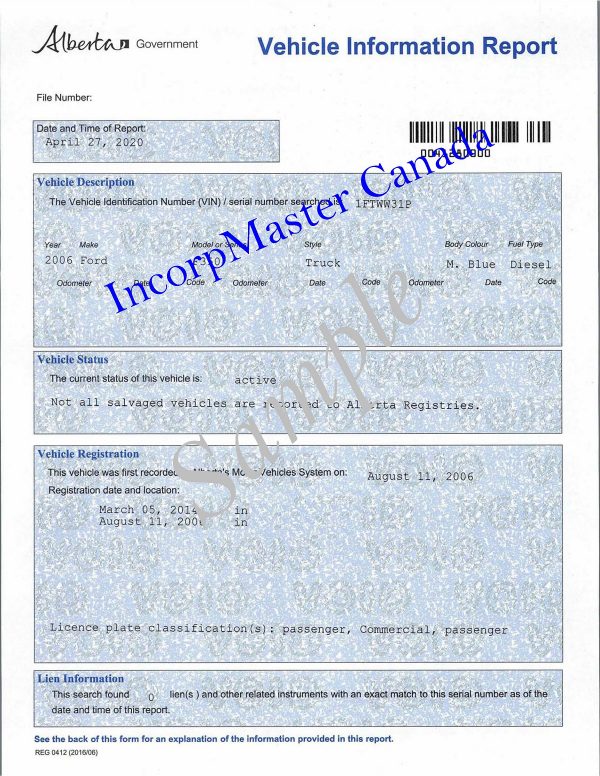 Sample of VIN Search - IncorpMaster