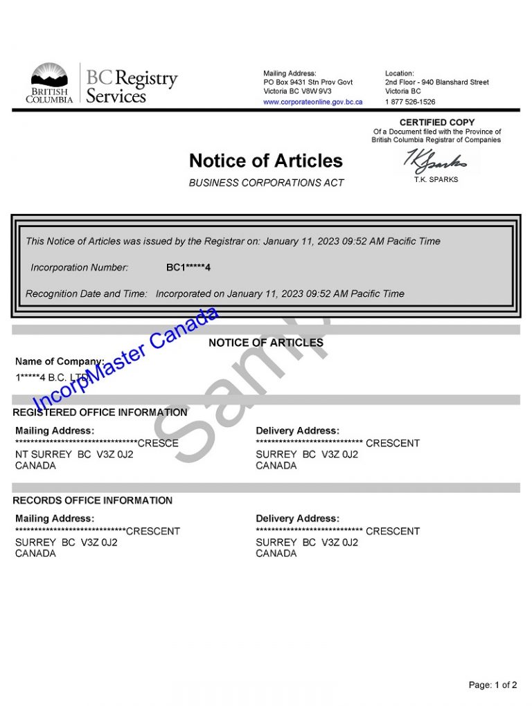 Sample of Basic Articles of Incorporation BC - IncorpMaster