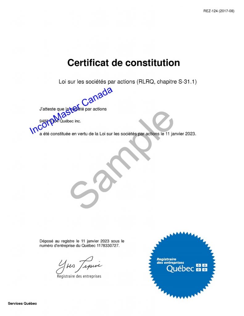 Sample of Certificate of Incorporation Quebec - IncorpMaster
