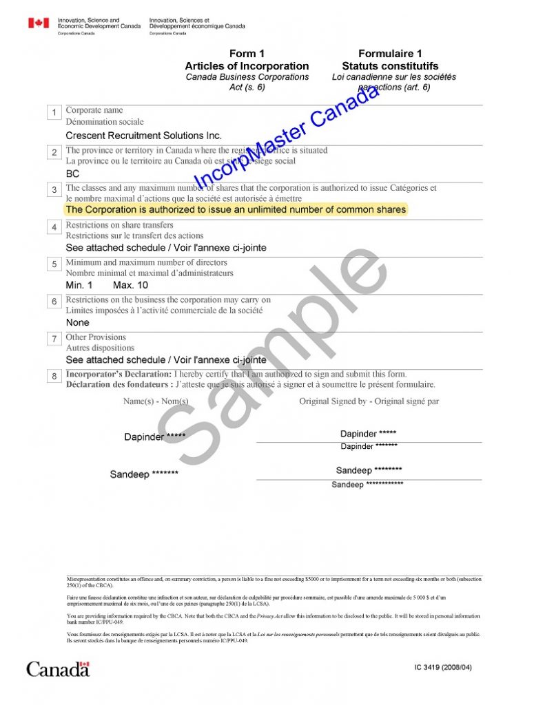 Sample of basic Articles Fed - IncorpMaster