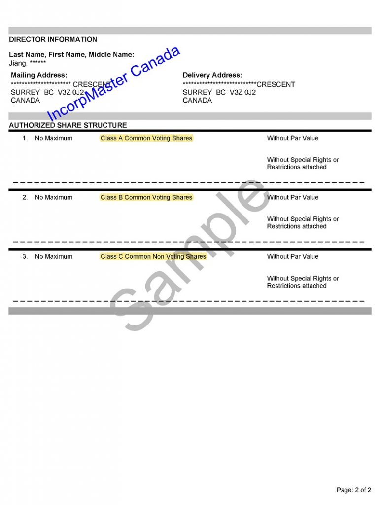 Sample of Standard Articles of Incorporation BC - IncorpMaster