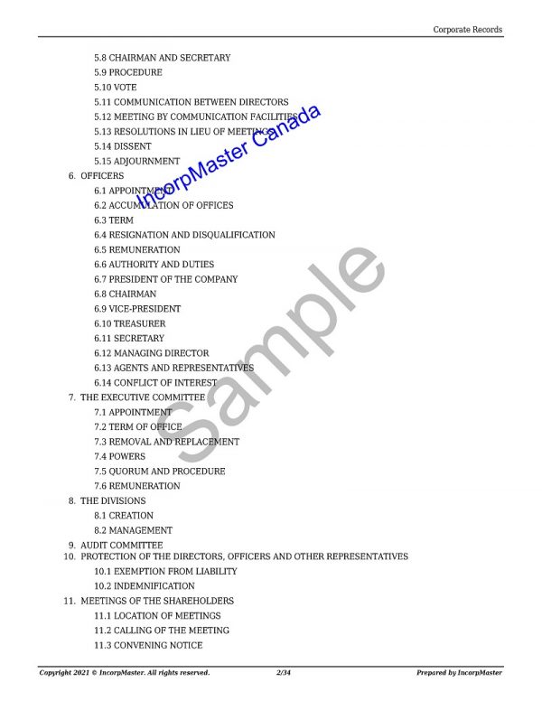 Sample of Bylaws & Minutes - IncorpMaster