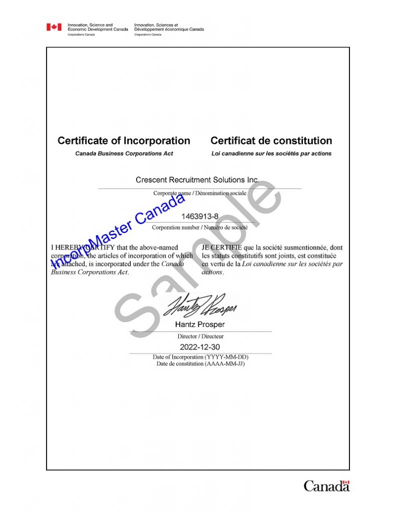 Sample of Certificate of Incorporation Std Fed - IncorpMaster