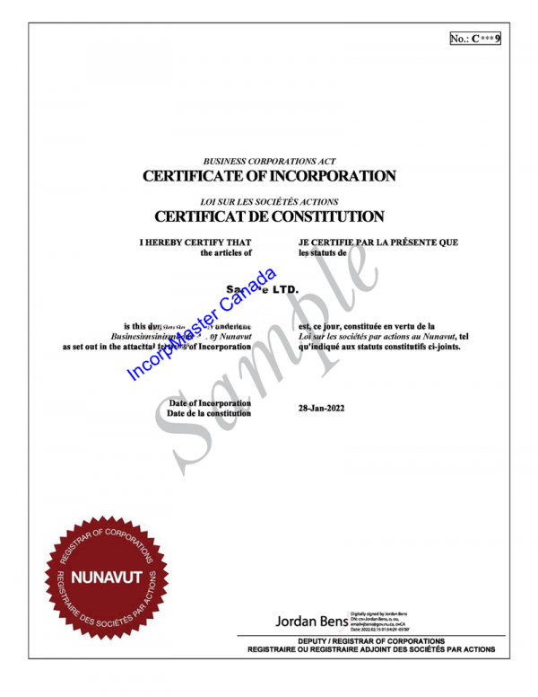 Sample of Certificate of Incorporation NU - IncorpMaster