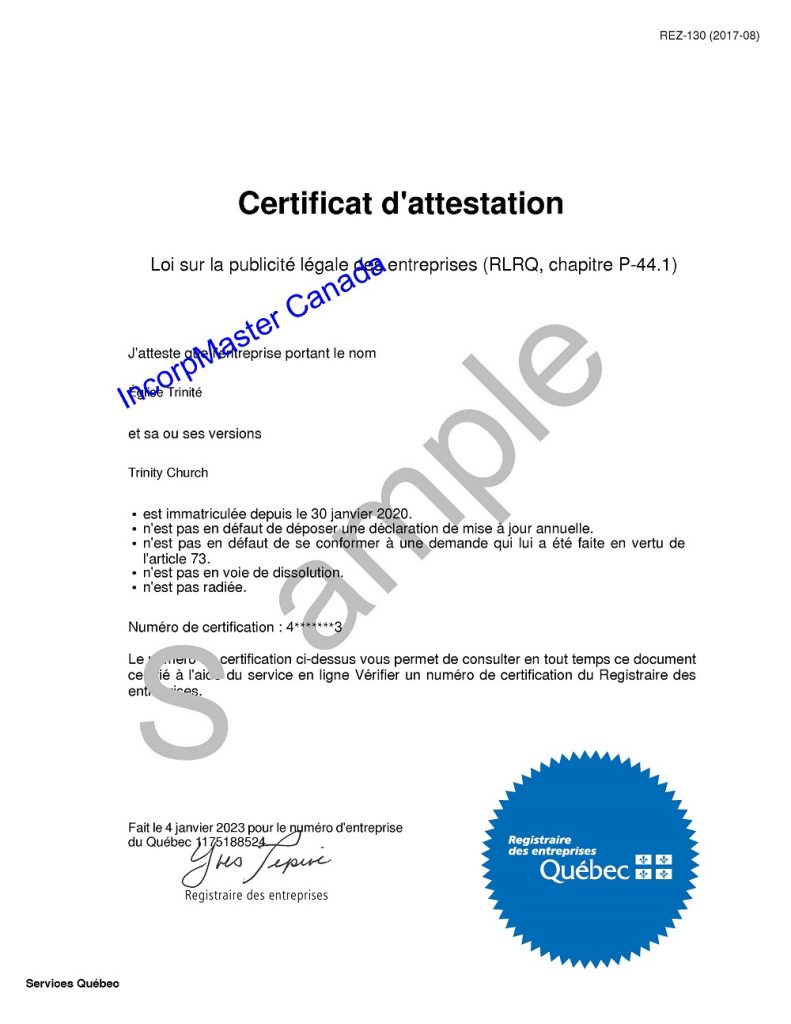 Sample of Certificate of Incorporation QC - IncorpMaster