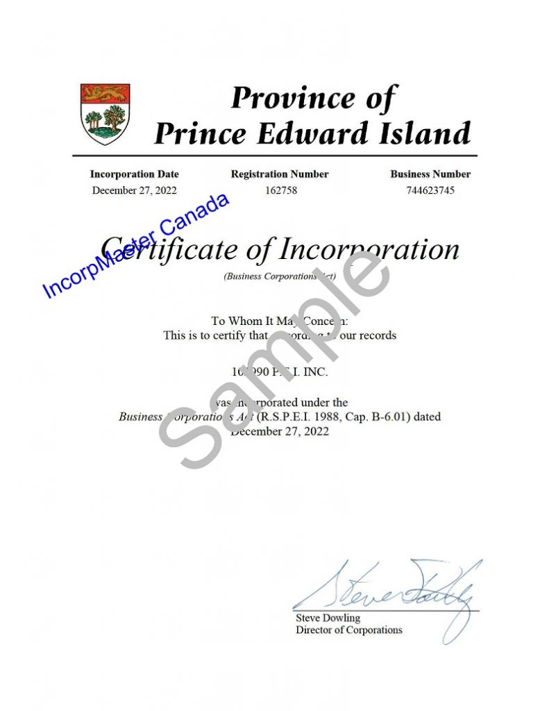 Sample of Certificate of Incorporation PEI - IncorpMaster