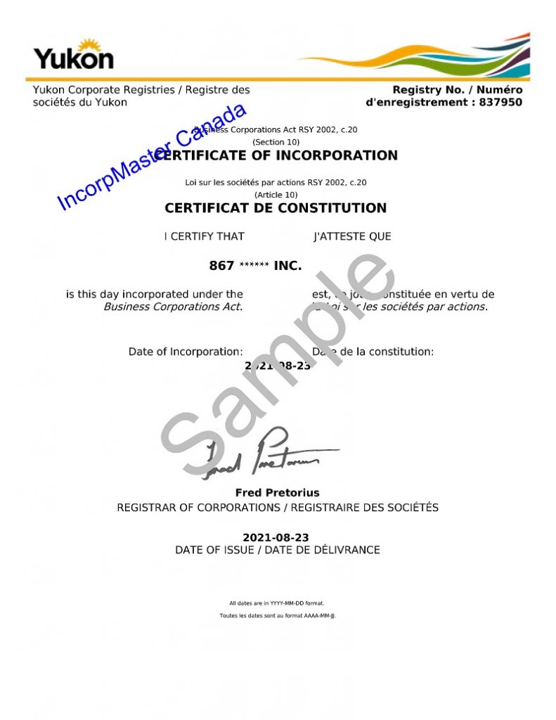 Sample of Certificate of Incorporation YT - IncorpMaster