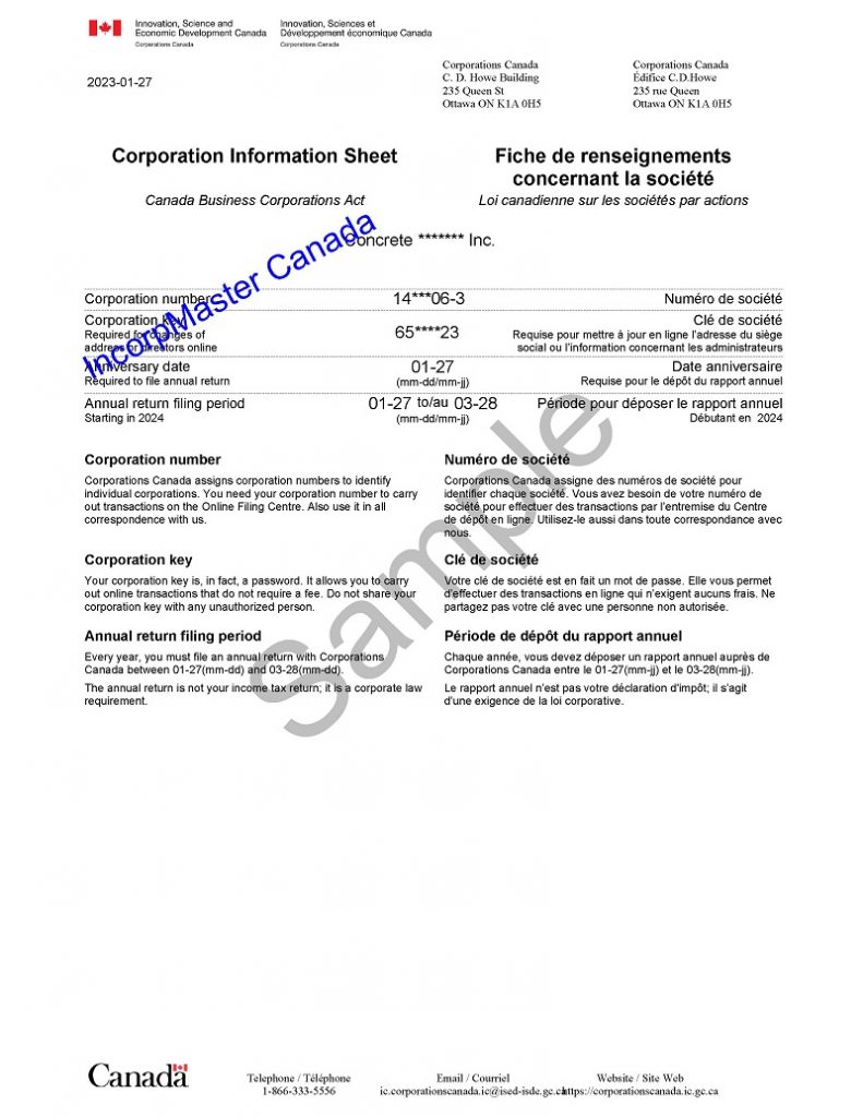 Sample of Corporation Key Fed - IncorpMaster