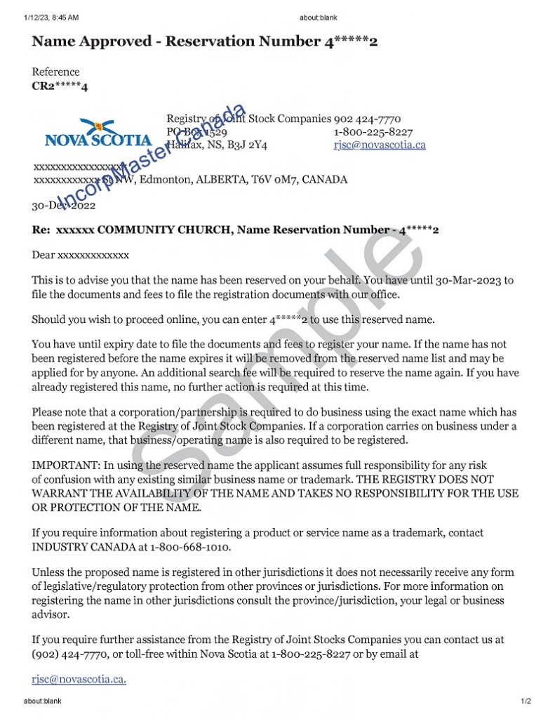 Sample of Name Approval NS - IncorpMaster