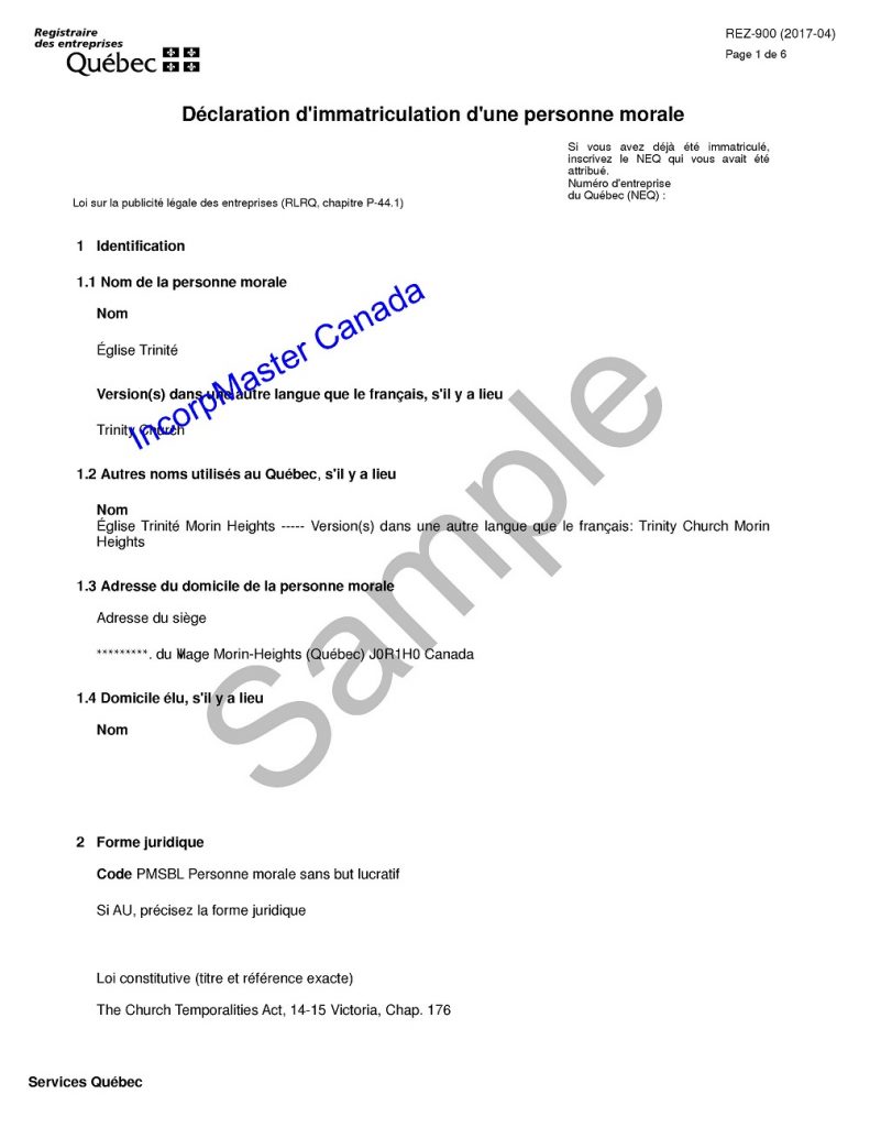 Sample of Articles of Incorporation QC - IncorpMaster