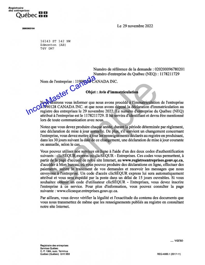 Sample of Extra-Provincial Quebec - IncorpMaster