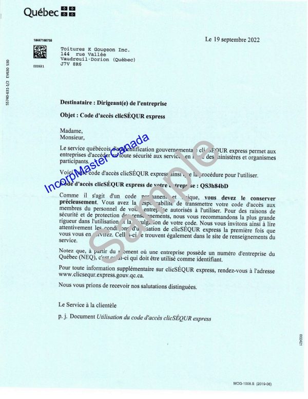 Sample of Quebec ClicSÉQUR Code - IncorpMaster