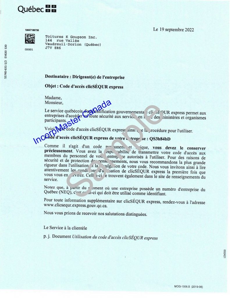 Sample of Quebec ClicSÉQUR Code - IncorpMaster